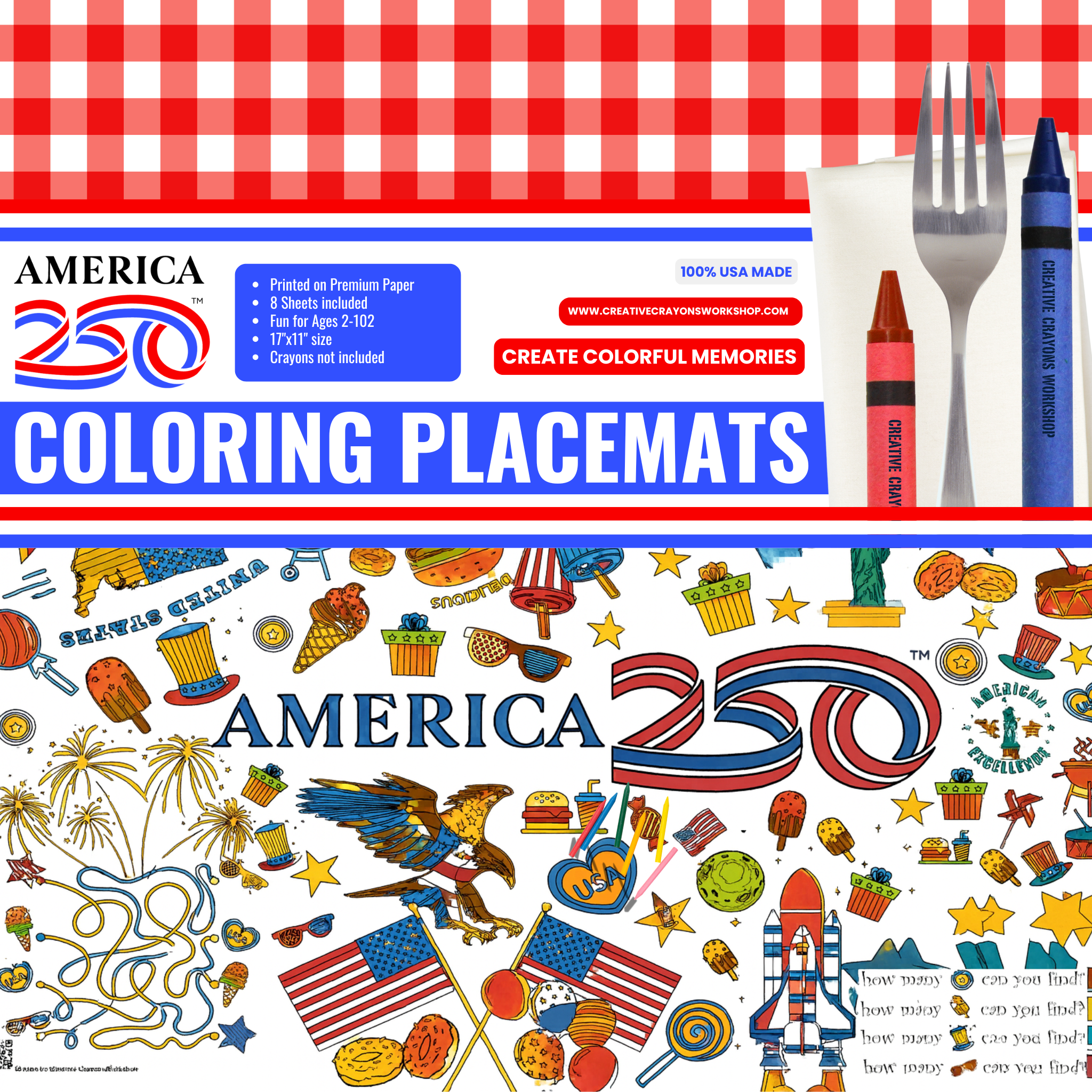 America 250 Patriotic USA Coloring Placemats – Creative Crayons Workshop
